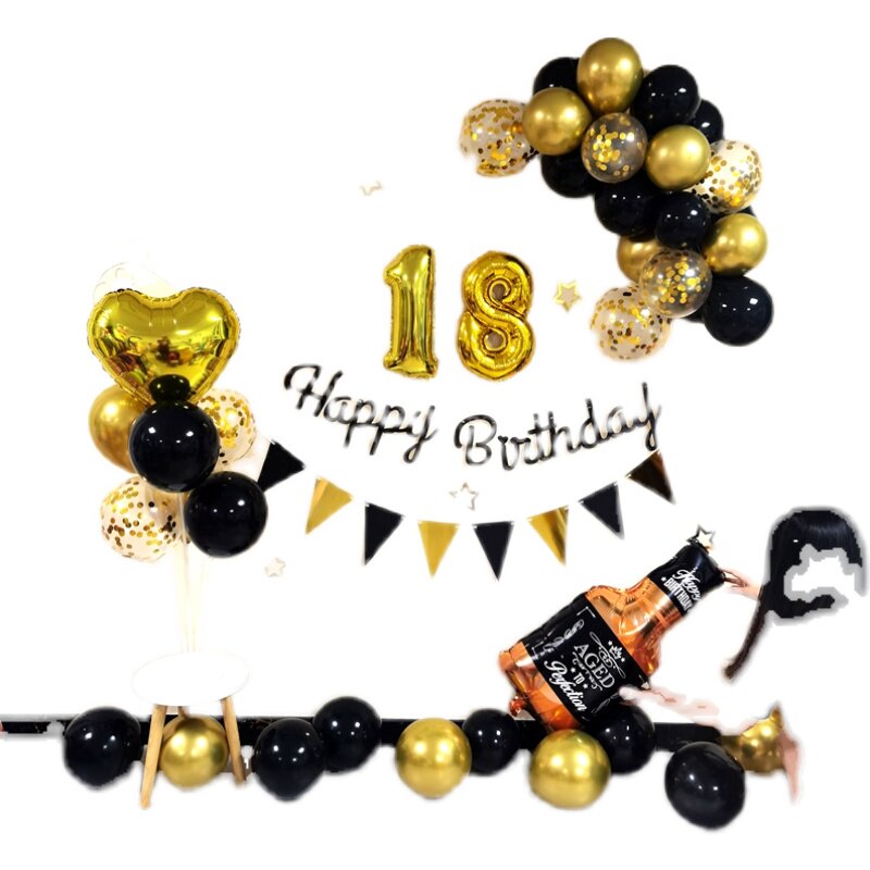 成人生日套餐带灯黑金色搭配个性生日装饰场景布置背景墙装扮用品