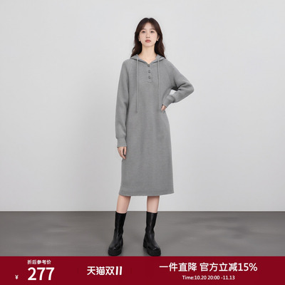 西町村屋慵懒连帽连衣裙女装秋冬新款休闲文艺宽松裙子XH9D10542
