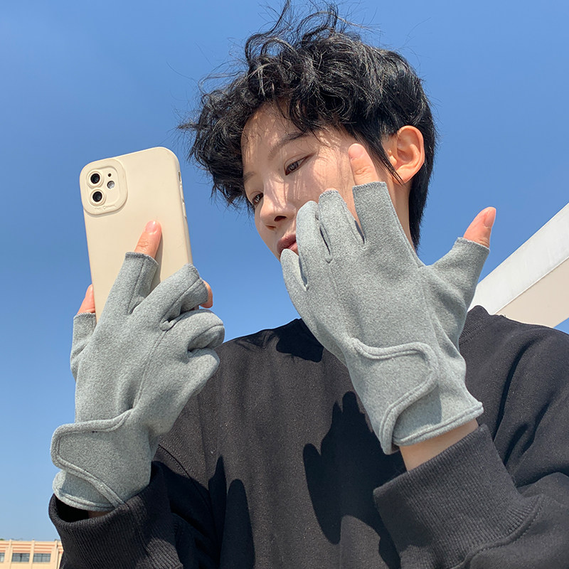 手套男士薄款弹力保暖加绒秋冬天骑车开车露三指触摸屏幕冬季骑行