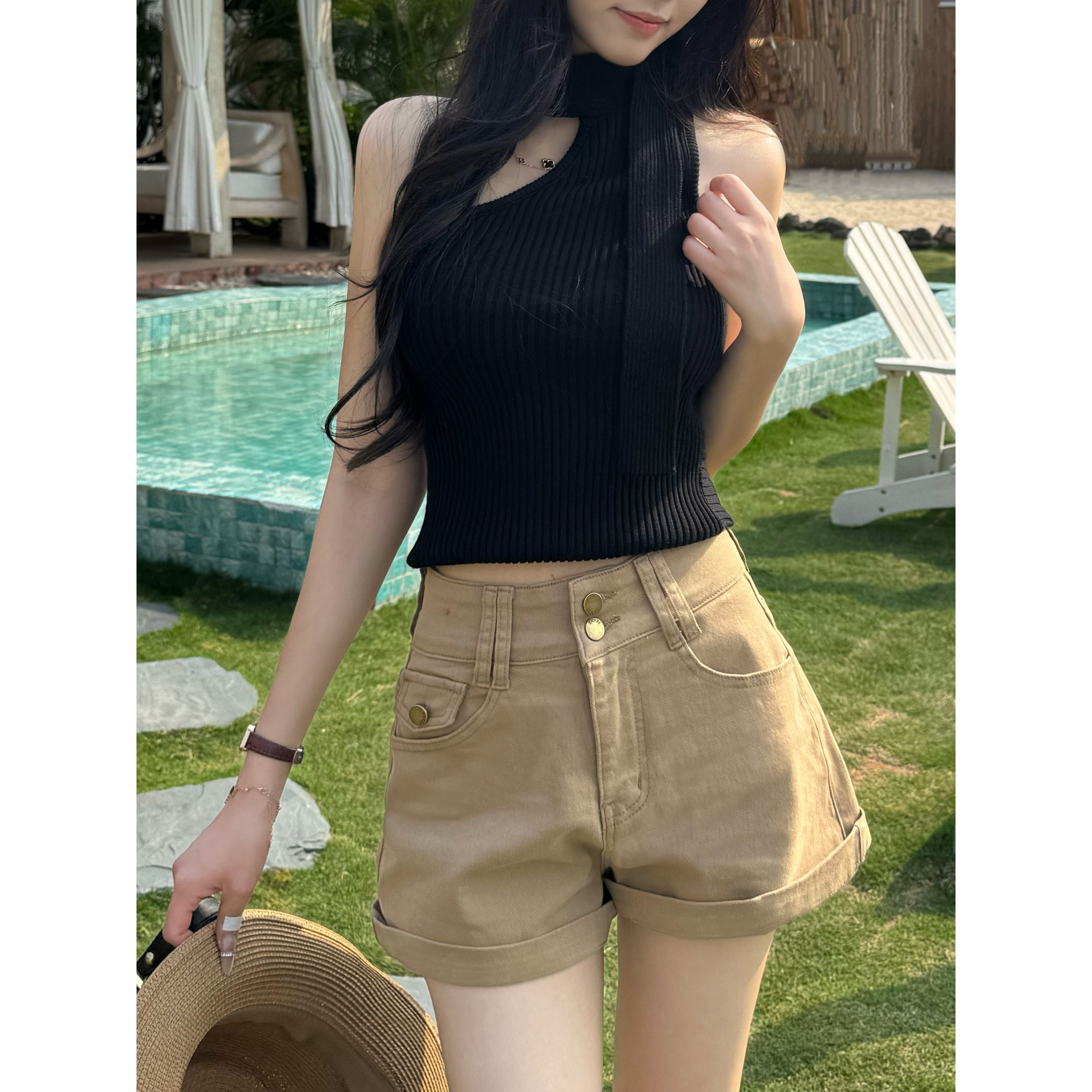 美拉德咖色工装高腰牛仔短裤女2026春夏显瘦辣妹双排扣A字热裤子