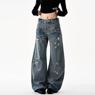 YEBOUN美式做旧破洞裤设计感牛仔裤女2025高街宽松显瘦高腰长裤男