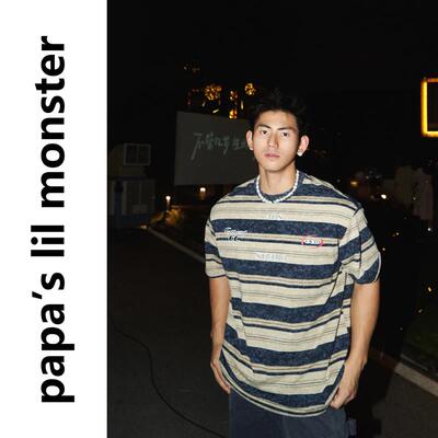 lil monster夏季美式洛杉矶街头风条纹做旧炒雪花宽松休闲T恤男