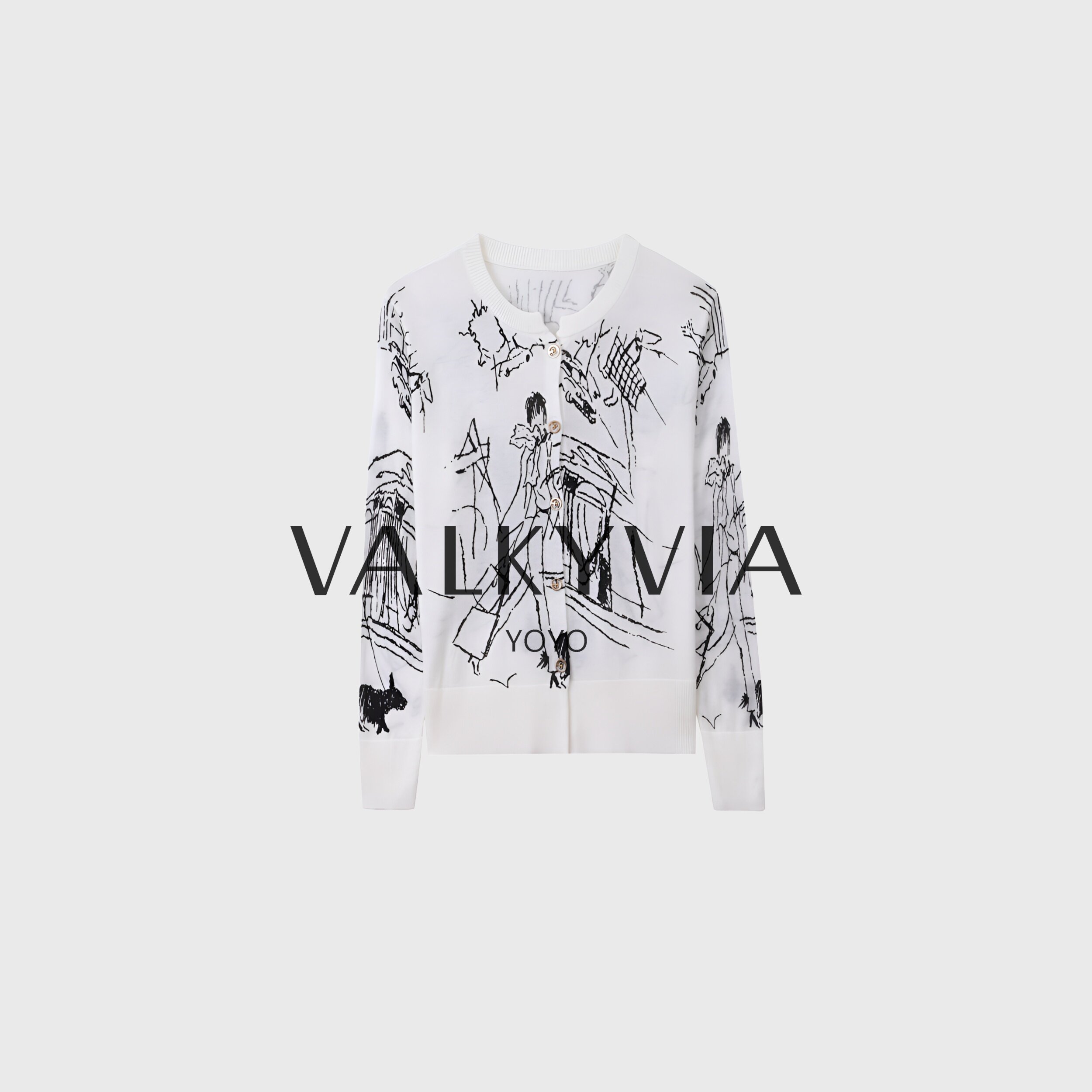 【Valkyvia/悠悠奢品】涂鸦3D喷绘印花金扣针织印花开衫XZ73