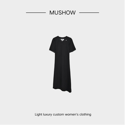 慕秀Mushow「沙滩漫步」时尚拼接蕾丝圆领连衣裙