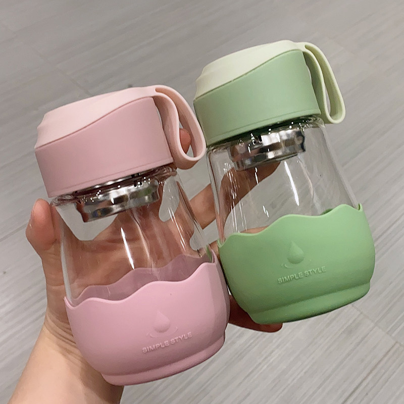 森系便携玻璃杯简约男女士可爱大肚带茶隔水杯泡茶柠檬果汁随行杯