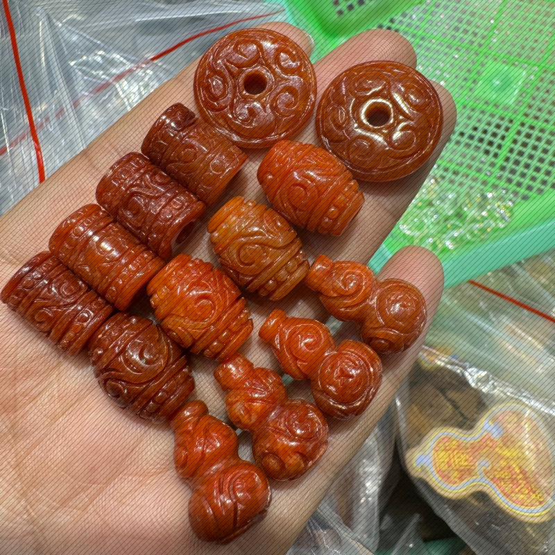 DIY饰品配件红翡翠雕花翠玉筒珠散珠 铁龙山翠玉筒珠散批配饰散珠
