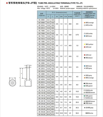 50只接线柱管形预绝缘冷压端子铜鼻子快速连接器VE0508电线接头
