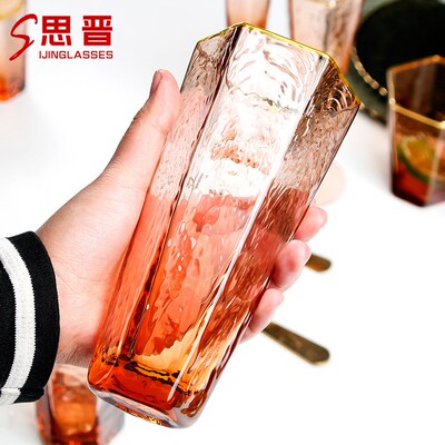 玻璃酒杯香槟色家用水杯 创意珊瑚红几何六边水晶高脚杯