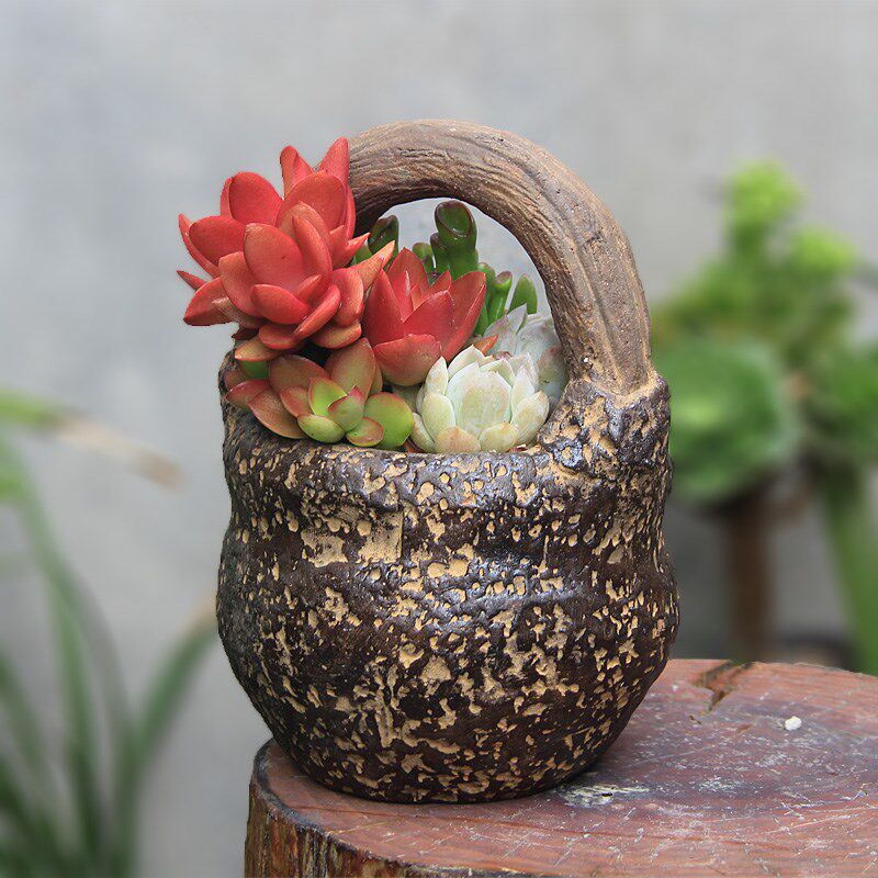 迷上月球精品高端花器复古粗陶手工锤纹篮子创意无孔水培花盆