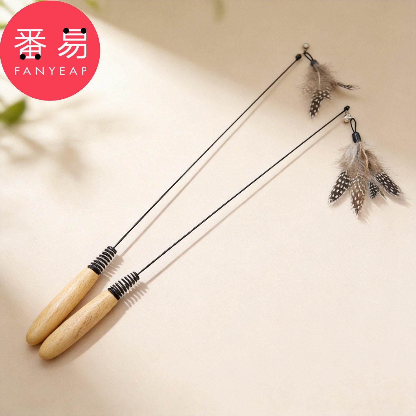 逗猫棒B1zzn001-木柄弹簧逗猫棒羽毛铃铛可拆卸替换头长杆猫玩具
