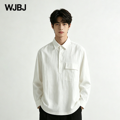 WJBJ学院风白色长袖衬衫男翻领口袋工装衬衣宽松简约WJBJE15071
