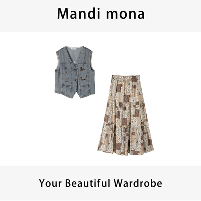 Mandi mona     /【夏日悠悠】 个性翻领牛仔刺绣套装 MM409X115