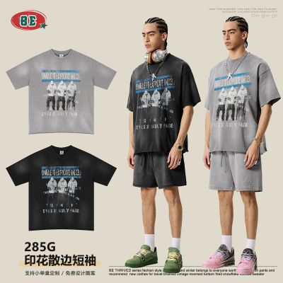 BE男装|2025夏季美式潮牌复古做旧男女同款vta卷边宽松短袖T恤男