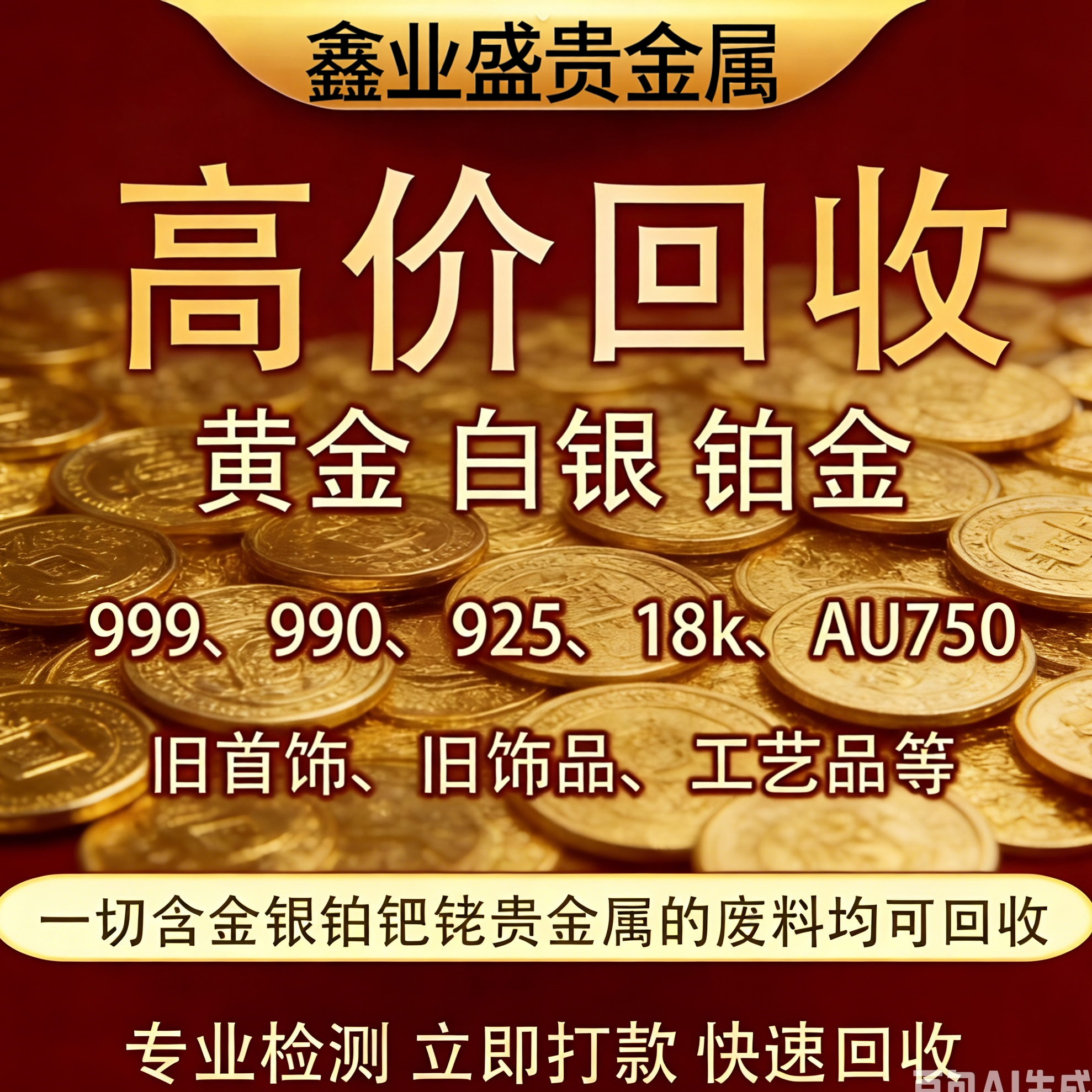 回收黄金999足金925白银饰品990回收18K彩金au750白金首饰