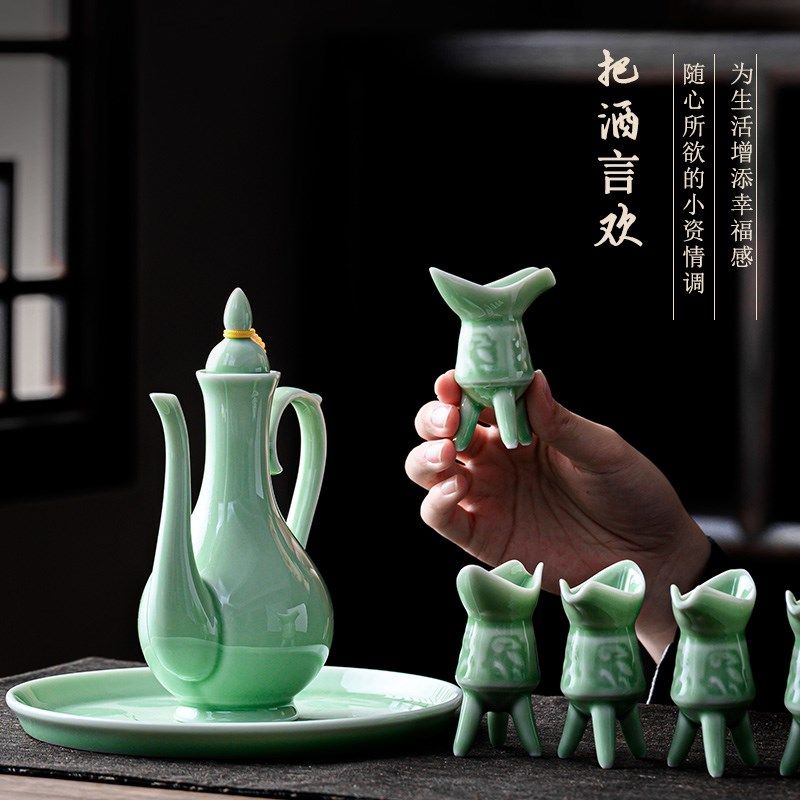 仿古白酒杯酒具套装陶瓷家用爵杯复古酒樽烈酒杯古风酒壶创意礼盒