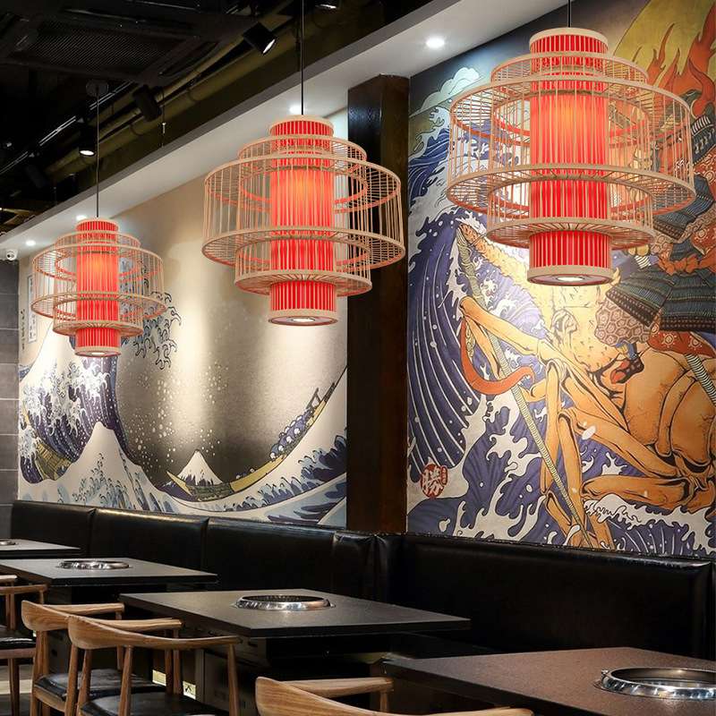 新中式竹艺火锅店吊灯日式竹编灯笼餐饮酒店客栈民宿宴会厅带射灯