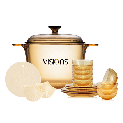 康宁餐具VISIONS晶彩双耳玻璃透明锅汤锅餐具16件套家用炖锅套装