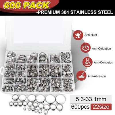 跨境600PCS盒装 304不锈钢单耳无极卡箍喉箍软管夹5.3-33.1mm
