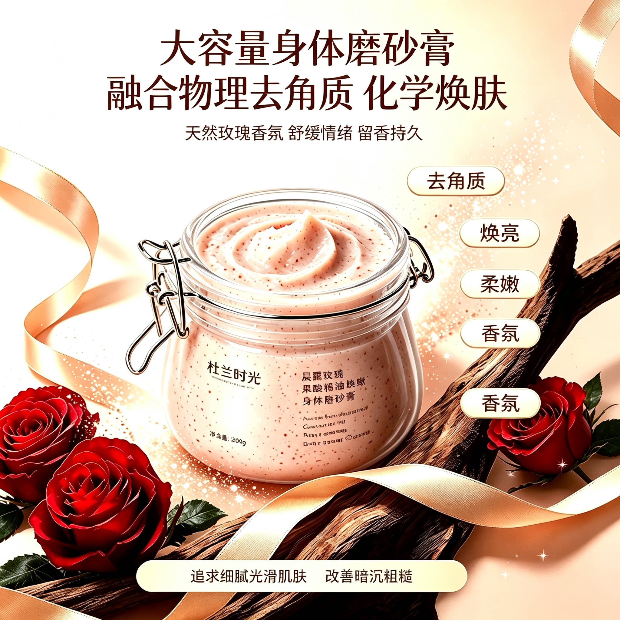杜兰时光晨露玫瑰果酸精油焕嫩身体磨砂膏抗氧化提亮修护深层保湿