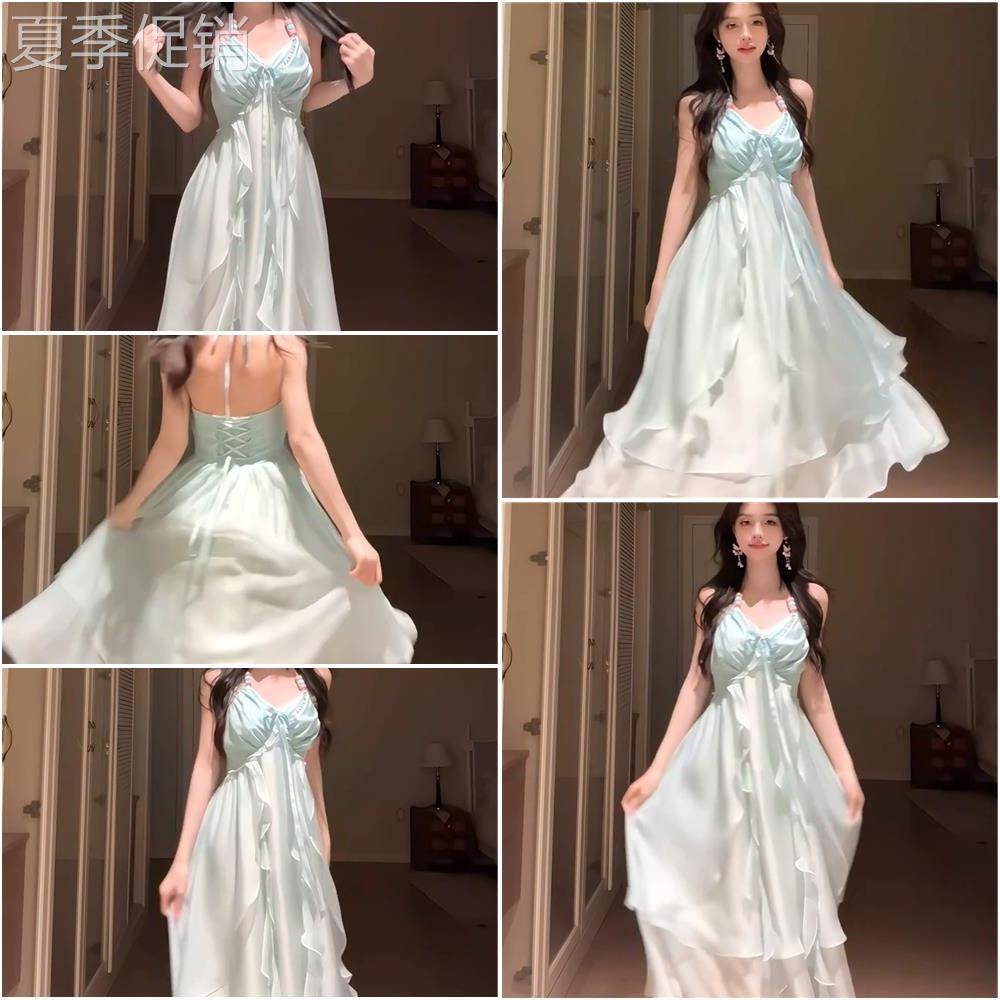 桔梗house海边度假风吊带洋装女2025夏季新款氛围感露背长裙子