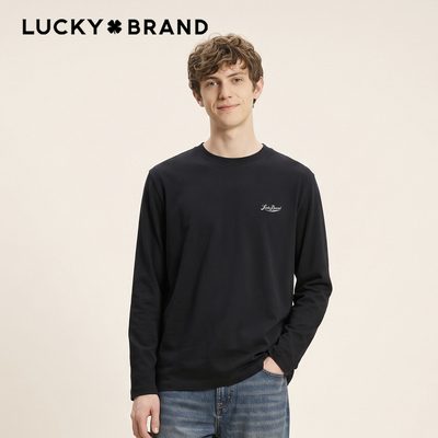 Lucky Brand黑色简约T恤男款水油分离短袖正肩休闲时尚