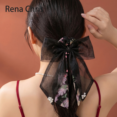 Rena Chris港风网纱蝴蝶结发圈女珍珠飘带后脑勺发饰超仙头饰