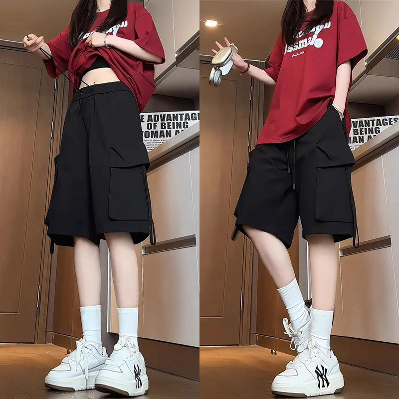 黑色大口袋美式工装短裤女夏2026新款休闲宽松直筒运动五分裤五分