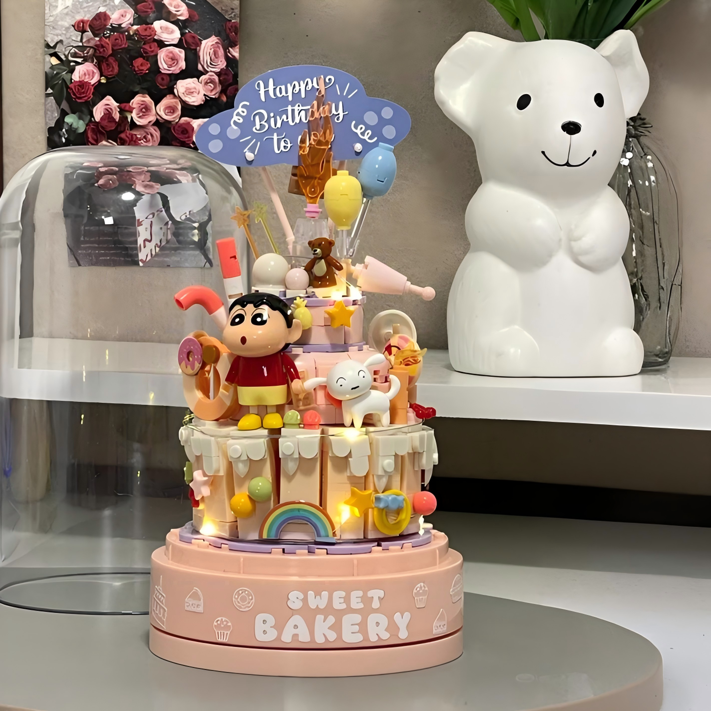 蜡笔小新积木拼装生日蛋糕高颜值拼图摆件手工diy生日礼物送女生