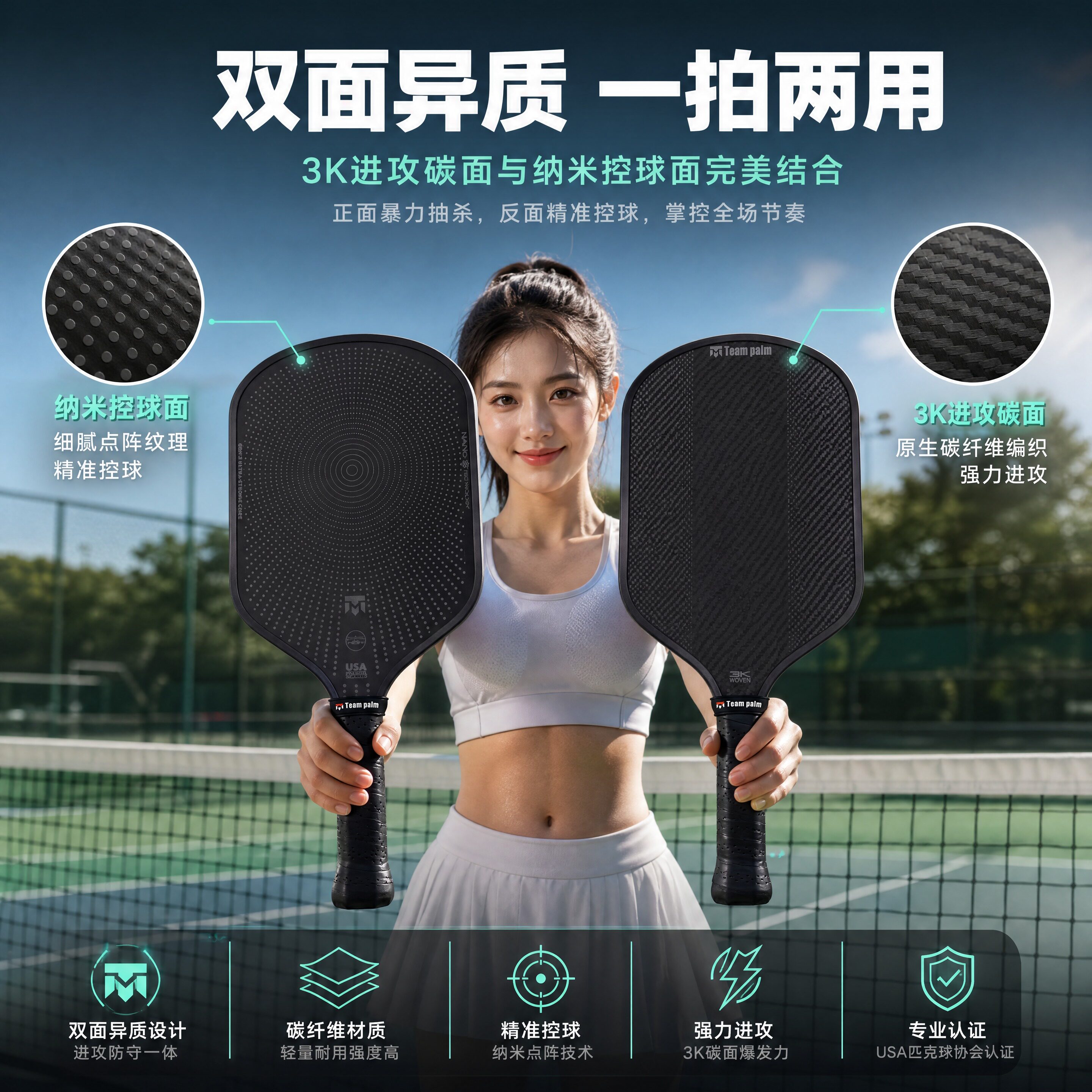 teampalm匹克球拍双面异质3K碳纤维专业比赛级匹克球拍套装