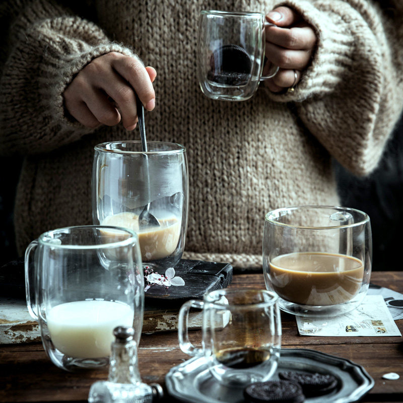 北欧ins风网红双层玻璃杯带把透明耐热马克杯奶茶咖啡杯大容量500