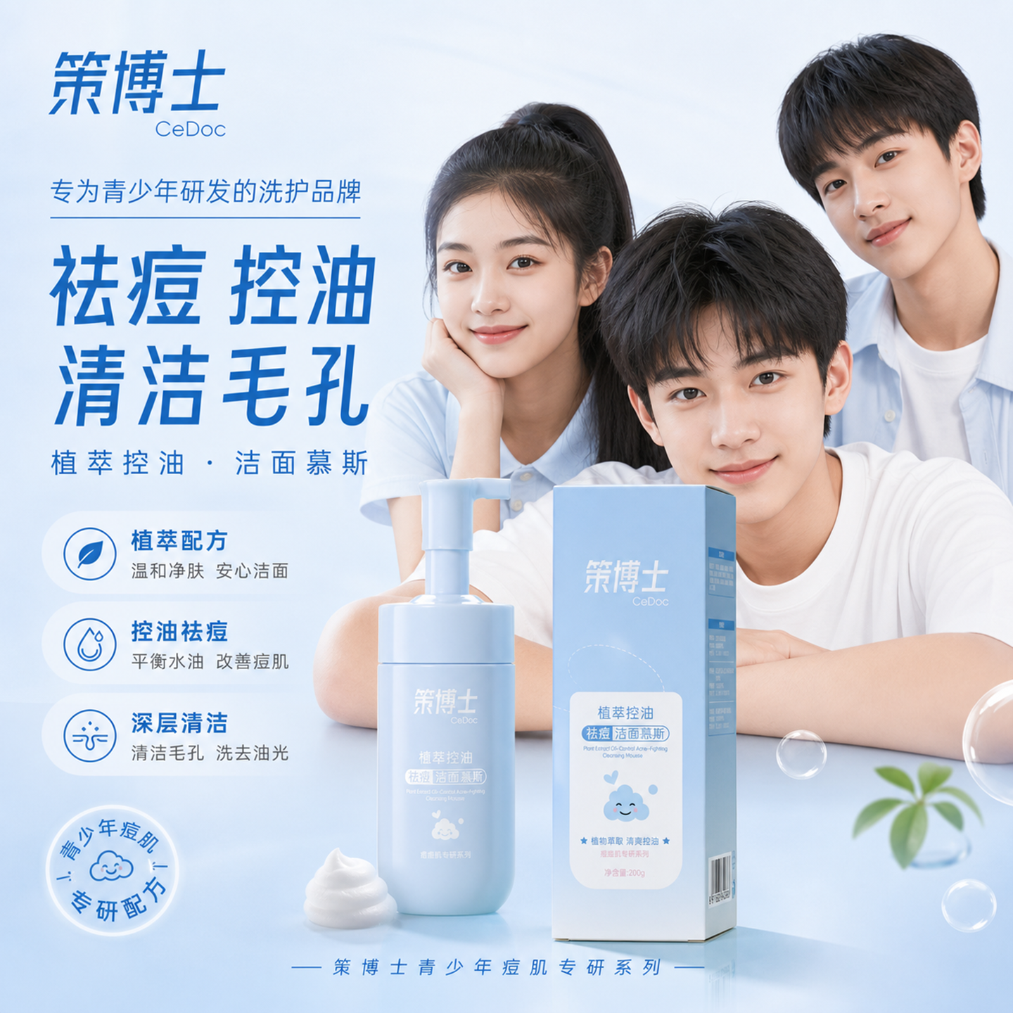 青少年控油祛痘洗面奶氨基酸水杨酸温和泡沫洁面慕斯青春期少女男