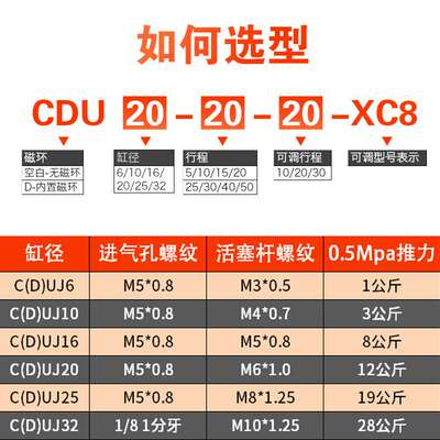 星辰气动自由安装气缸CDUJ16/25/20/10-30*50*32X40S高精度