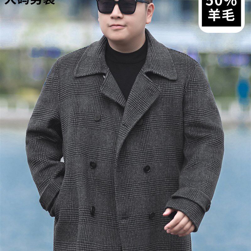 双排扣呢子风衣男大码冬季后中开衩羊毛呢大衣胖子格子双面呢外套