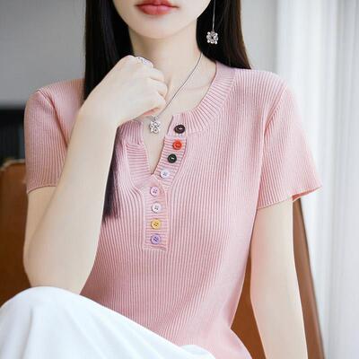 25夏季新款曲竹冰丝针织短袖T恤女V领彩扣坑条上衣宽松半袖打底衫