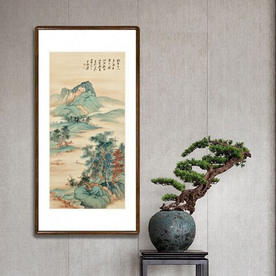 张大千青绿山水画秋山钓艇图新中式客厅玄关装饰画办公室书房挂画