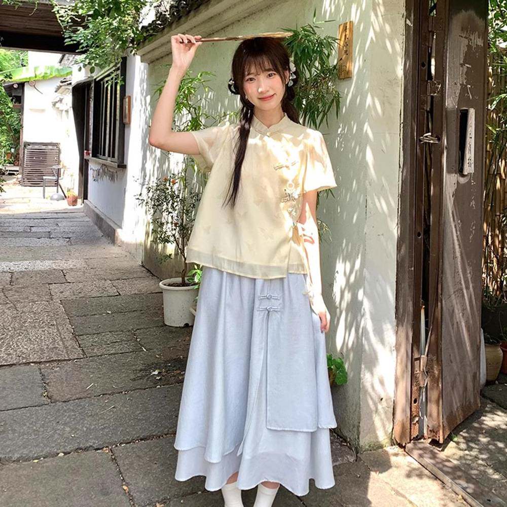少女清冷国风套装夏季日常可穿汉服新中式旗袍上衣半身裙子两件套