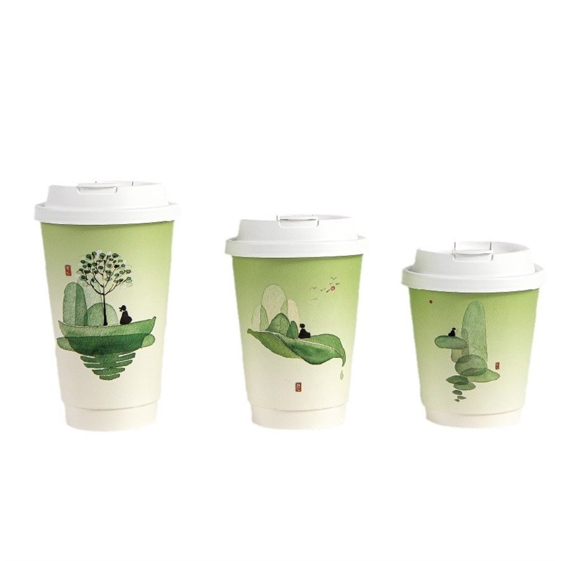 新中式国风系列茶饮纸杯一次性咖啡奶茶双层加厚热饮纸杯子带杯盖