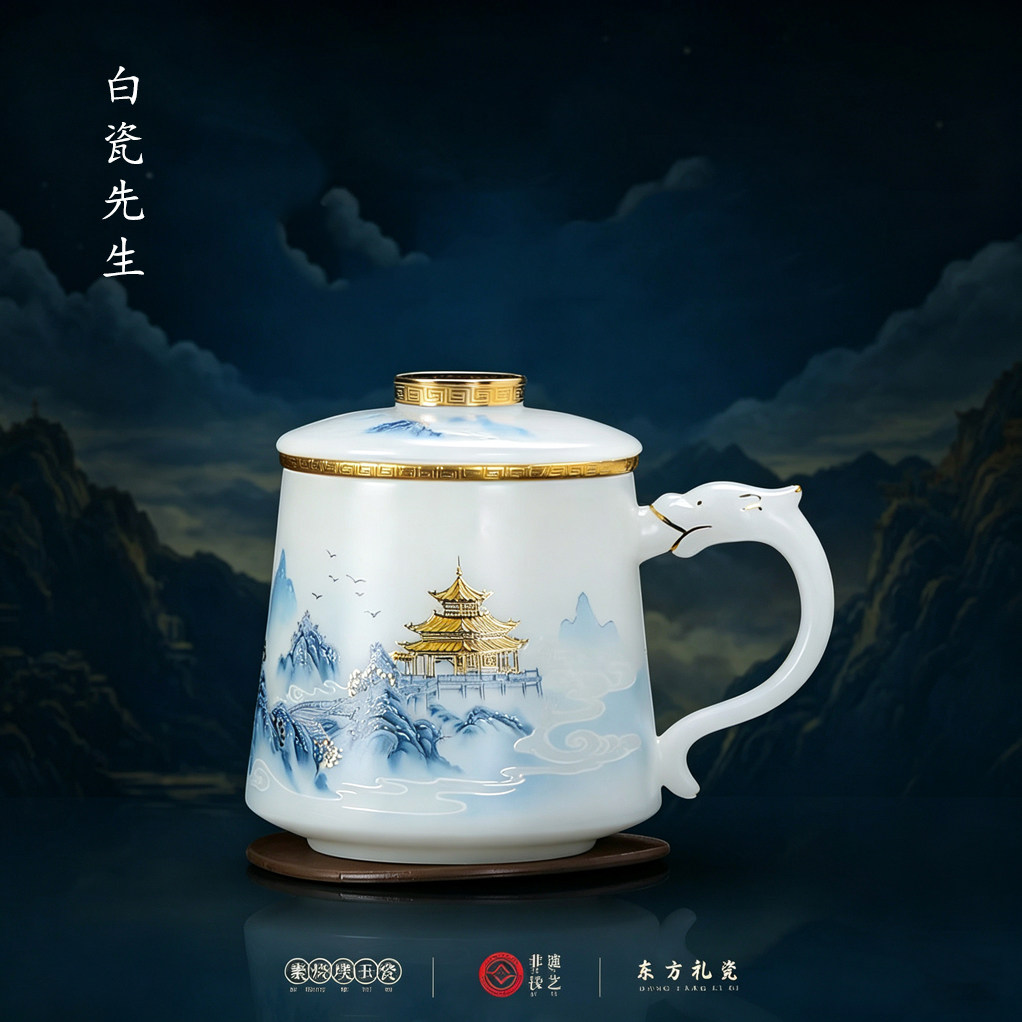 德化林建文大师璞玉白瓷办公杯茶水分离带盖过滤办公家用泡茶水杯