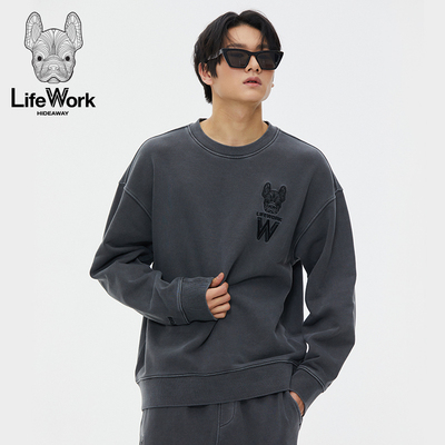LIFEWORK HIDEAWAY圆领套头卫衣男灰色刺绣logo宽松街头潮流上衣