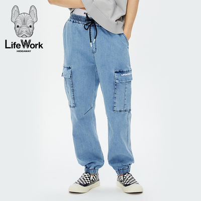 LIFEWORK HIDEAWAY多口袋牛仔裤男蓝色束脚裤抽绳松紧腰休闲裤