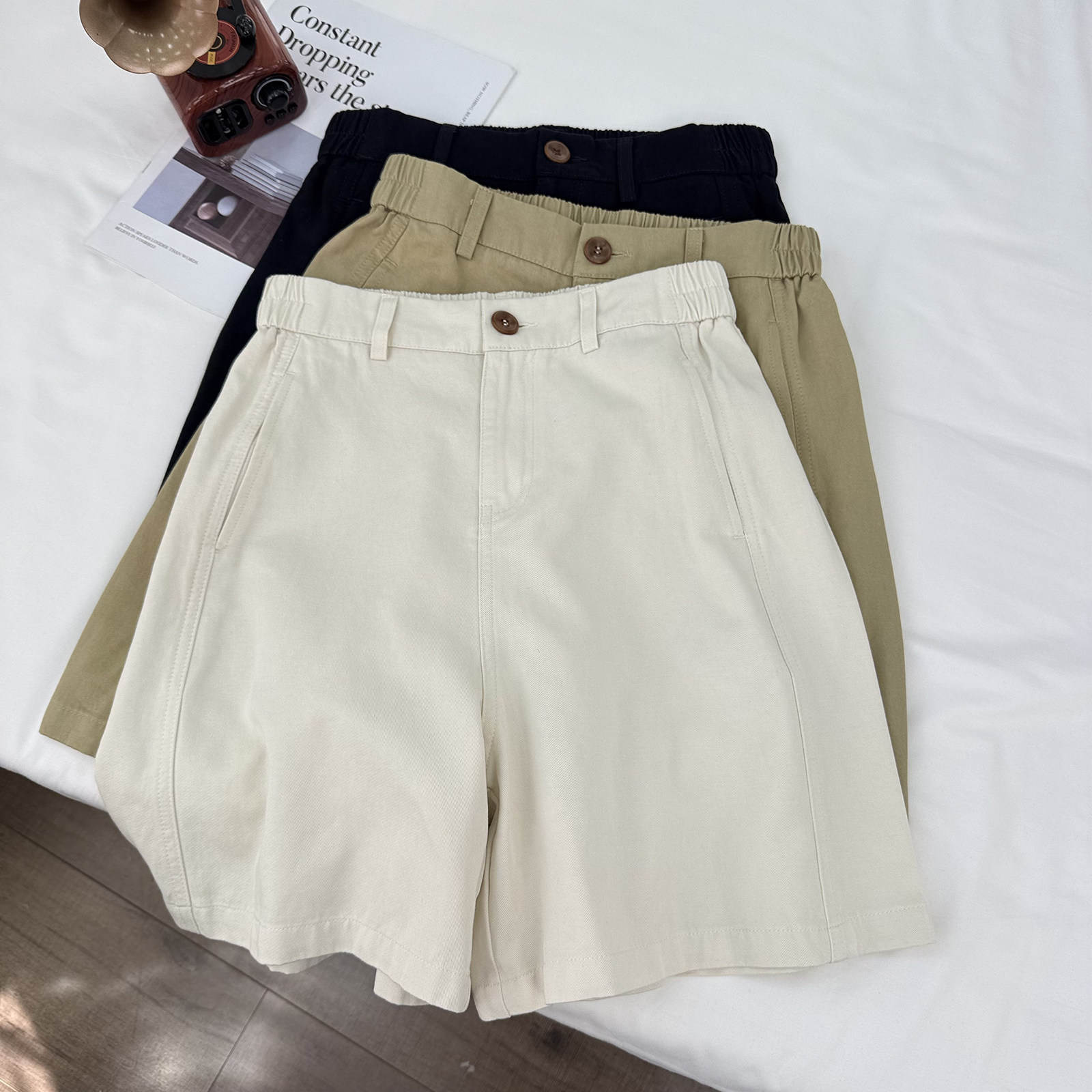 莱赛尔棉米白色工装短裤女外穿夏高腰a字阔腿宽松显瘦休闲五分裤