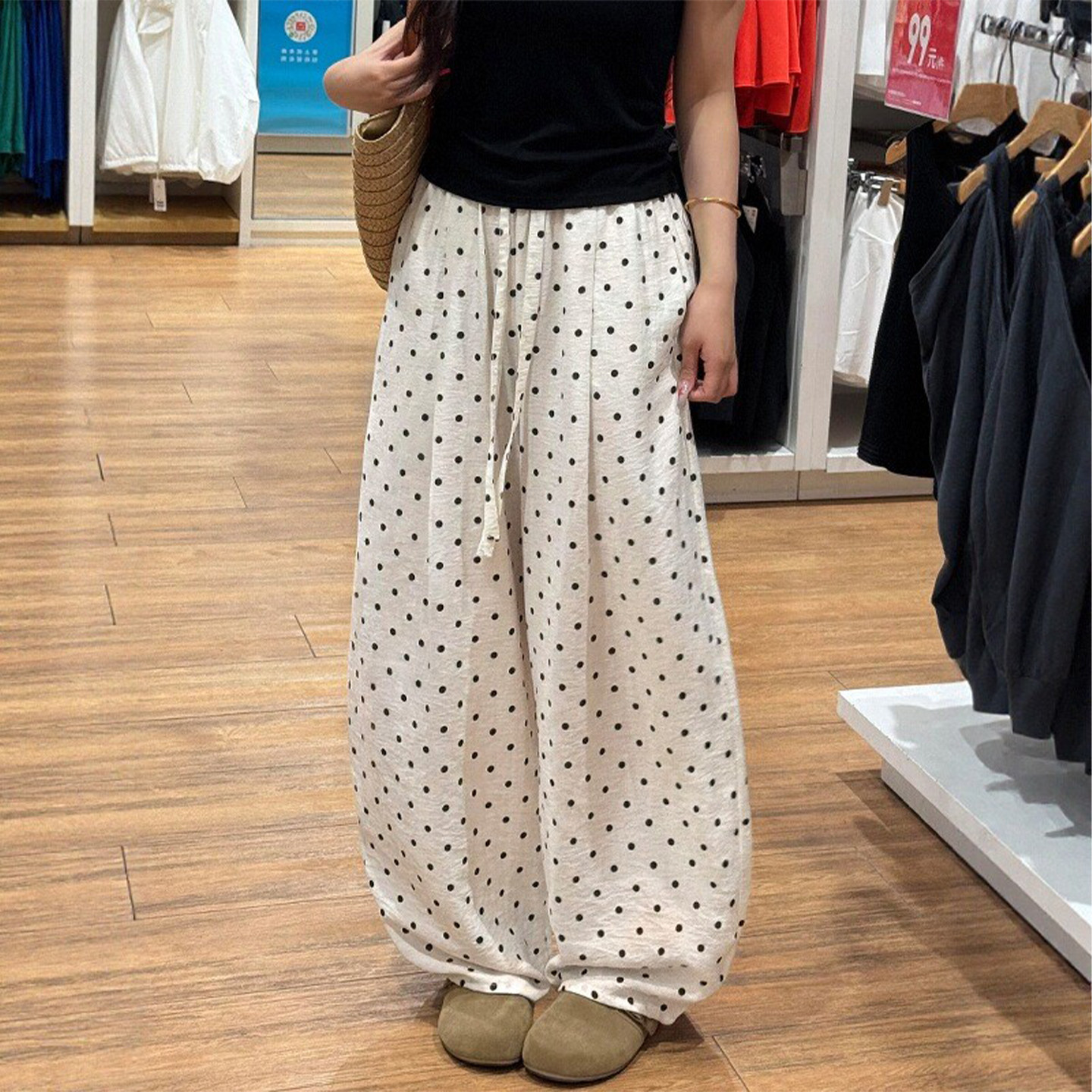 波点亚麻裤子女2026夏季薄款胖妹妹mm高腰宽松显瘦阔腿弯刀休闲裤