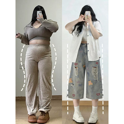 夏季破洞宽松显瘦阔腿七分裤