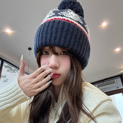 OVANCY费尔岛圣诞毛线帽女冬季2024新款显脸小复古保暖针织包头帽