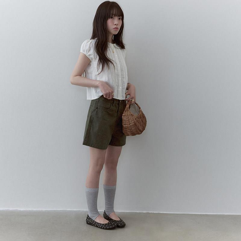 「芥末派VOOE」拼接花边泡泡袖短衬衫女26夏季新款压褶娃娃领上衣