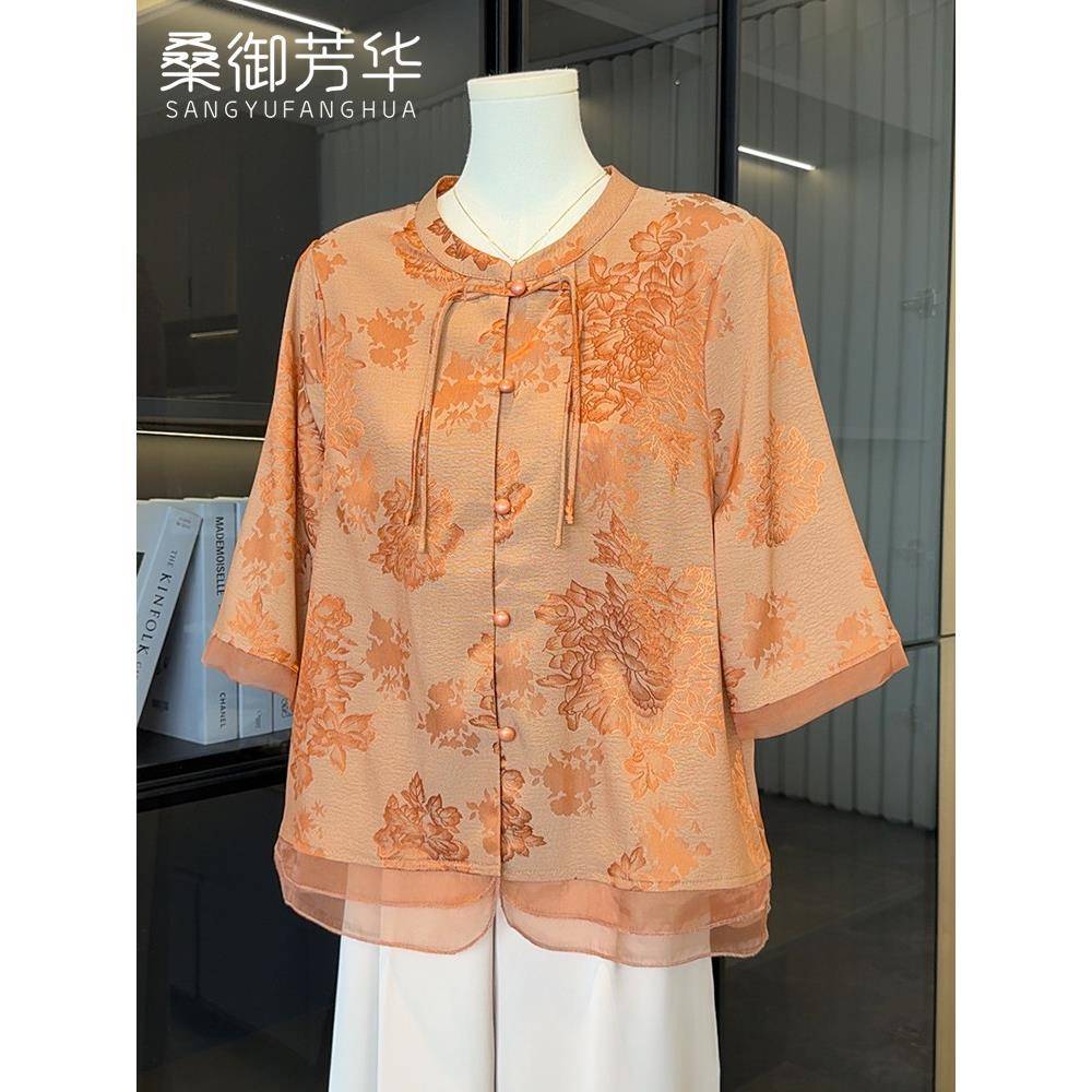 中式妈妈中袖衬衫2025夏季女装新款上衣中老年人优雅雪纺衬衫