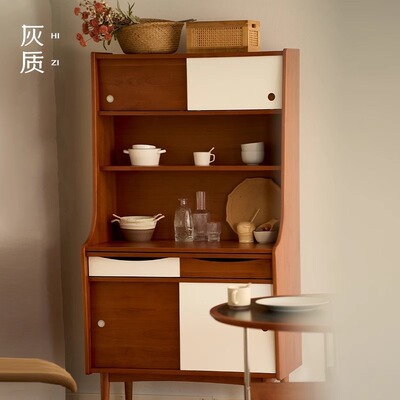山雾边柜复古樱桃木家用实木收纳柜一体书房书柜小户型客餐厅边柜