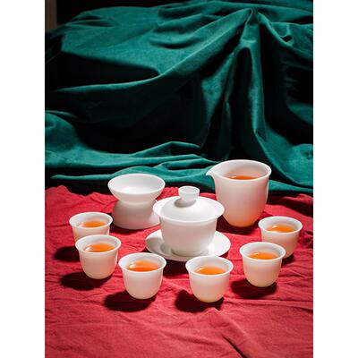 素烧羊脂玉功夫茶具套装家用办公泡茶器高档德化白瓷盖碗茶杯整套