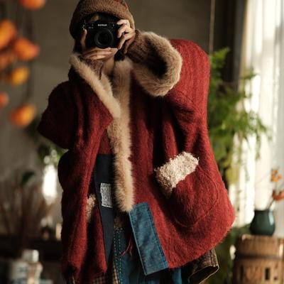 复古毛毛夹棉长袖棉衣羊毛呢