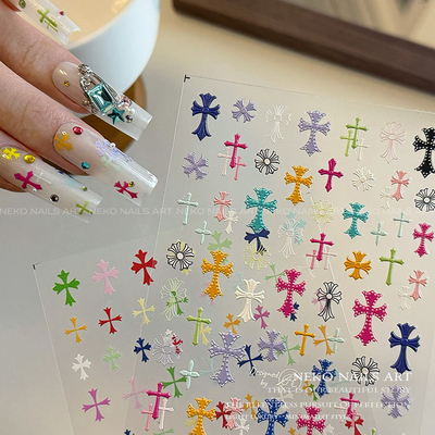NK彩色克罗心十字架浮雕美甲贴纸